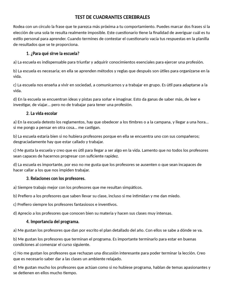 Test de Cuadrantes Cerebrales | PDF | Escuelas