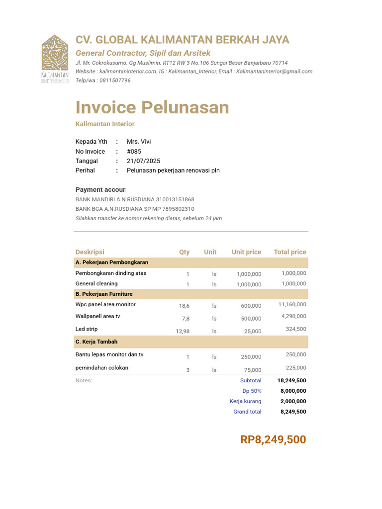 Invoice Renovasi PLN Kalimantan Interior | PDF