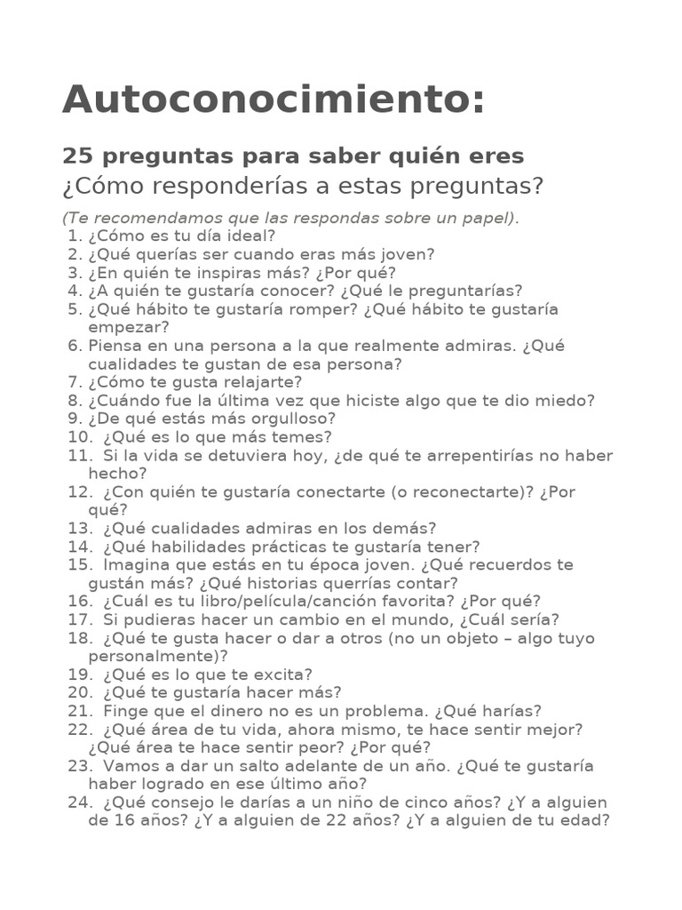Autoconocimiento-25 Preguntas para Saber Quien Eres | PDF
