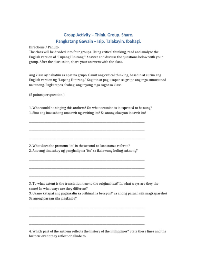 Think Group Share Lupang Hinirang Bilingual Worksheet | PDF