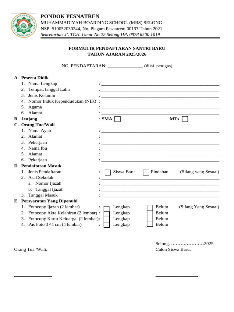 Formulir Siswa Baru | PDF