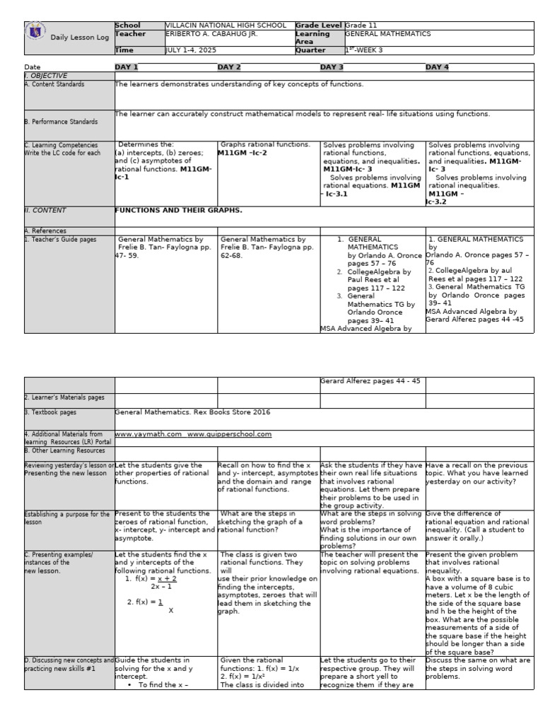 Gen Math 1ST Quarter DLL Week 3 | PDF | Asymptote | Variable (Mathematics)
