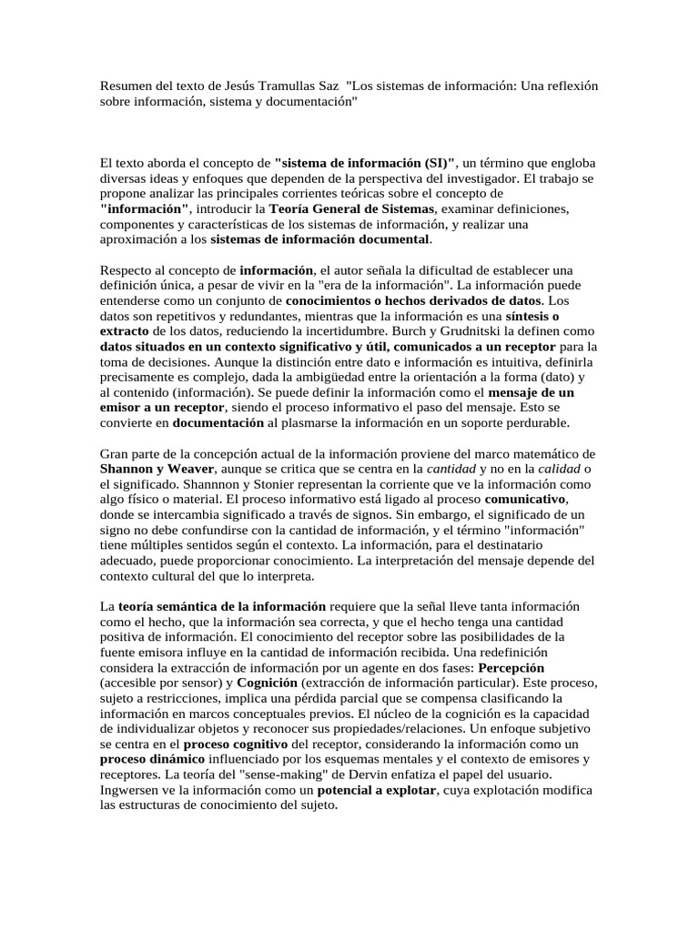 Resumen Del Texto de Jesús Tramullas Saz | PDF | Sistema | Información
