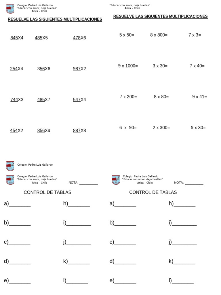 Matematica Control Tablas y Restas | PDF