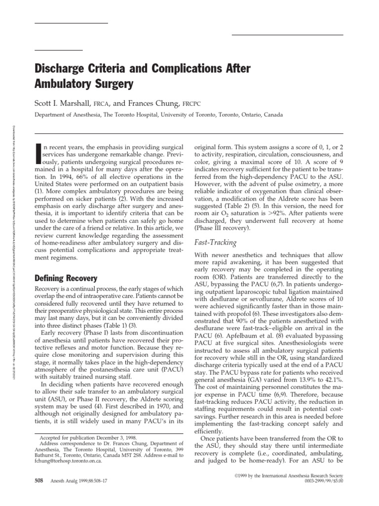 Ambulatory Discharge Criteria and Complications After.8 | PDF ...