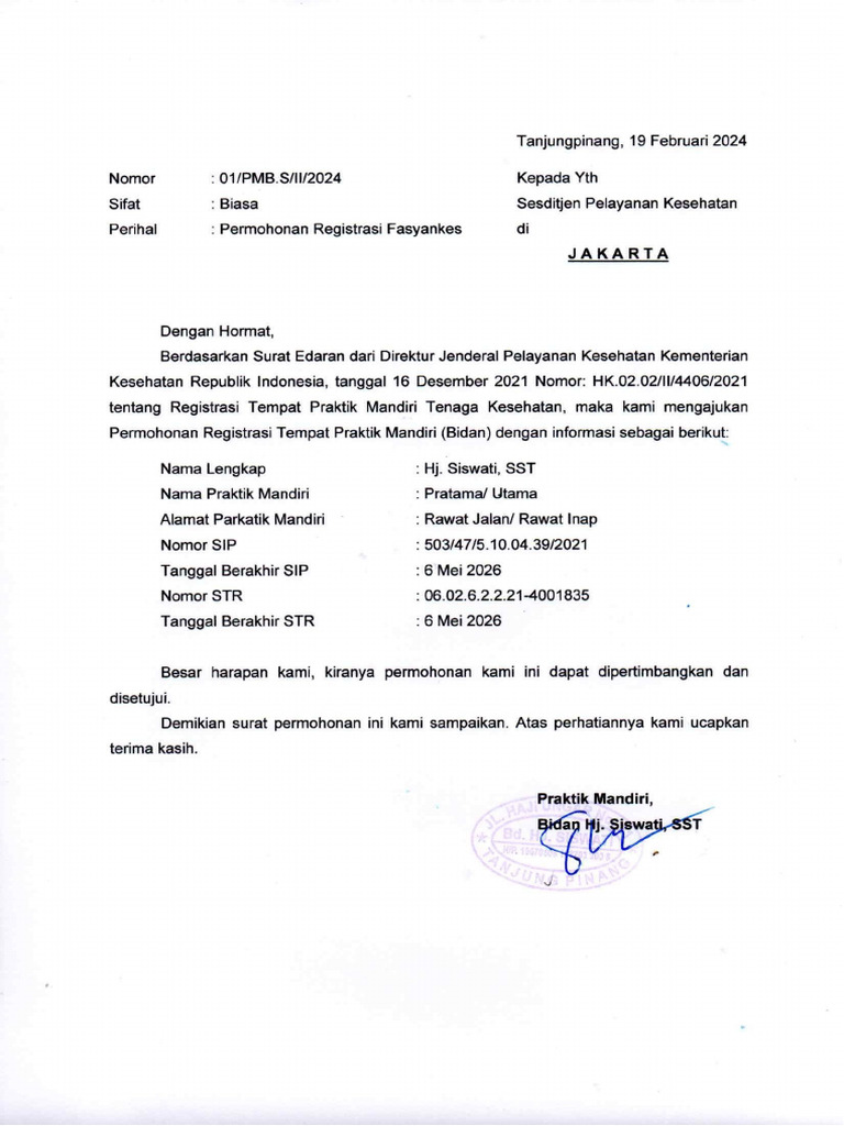 Contoh Dokumen Permohonan Registrasi Fasyankes | PDF