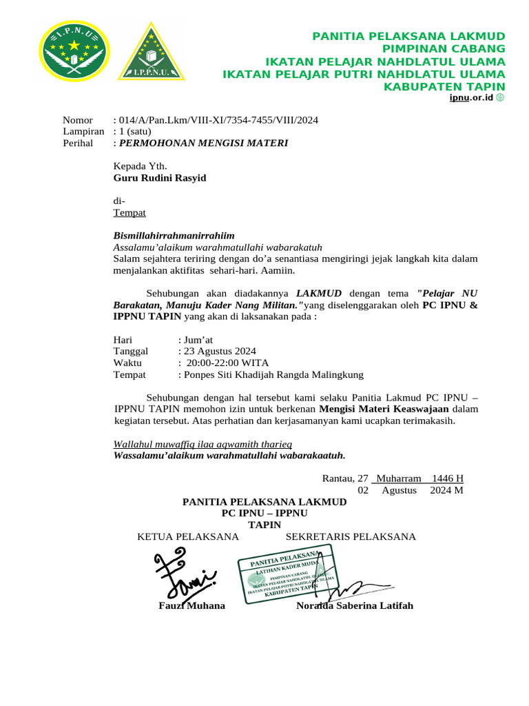 Permohonan Mengisi Materi Guru Rudini | PDF