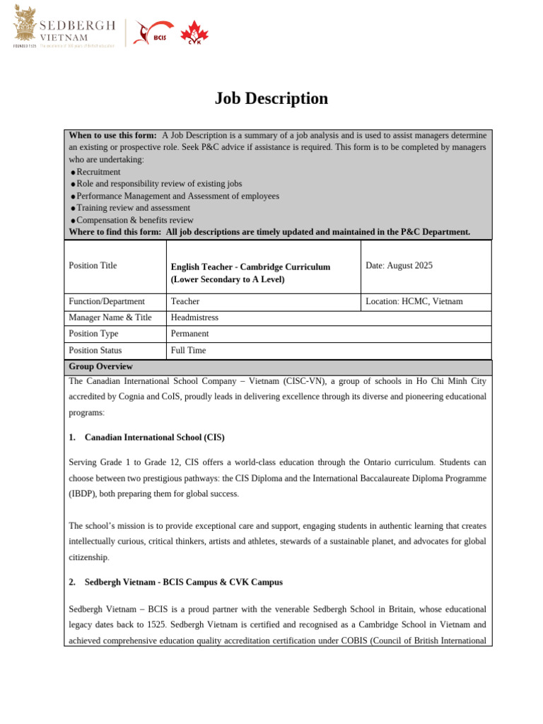 English Teacher Role at CISC-VN | PDF | Curriculum | Educational Assessment