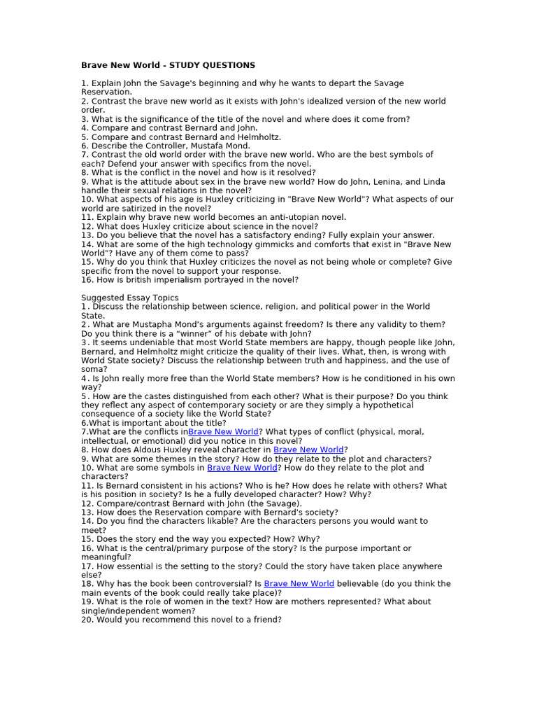 Brave New World Study Questions | PDF