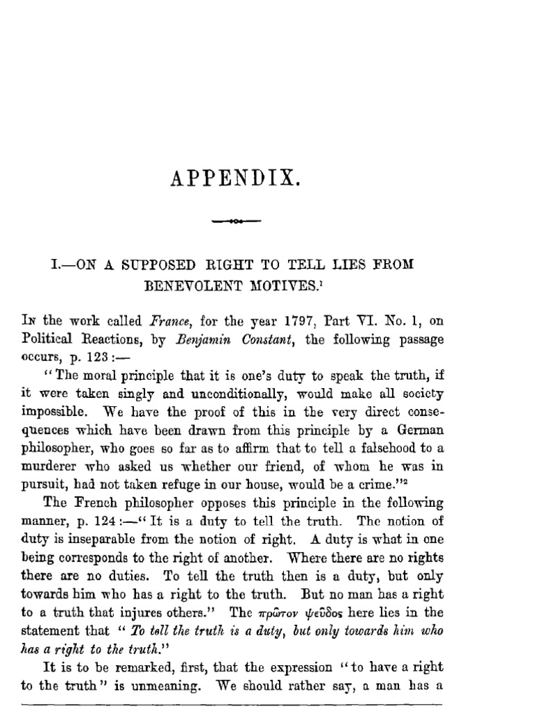 On A Supposed Right To Tell Lies From Benevolent Motives | PDF | Lie ...