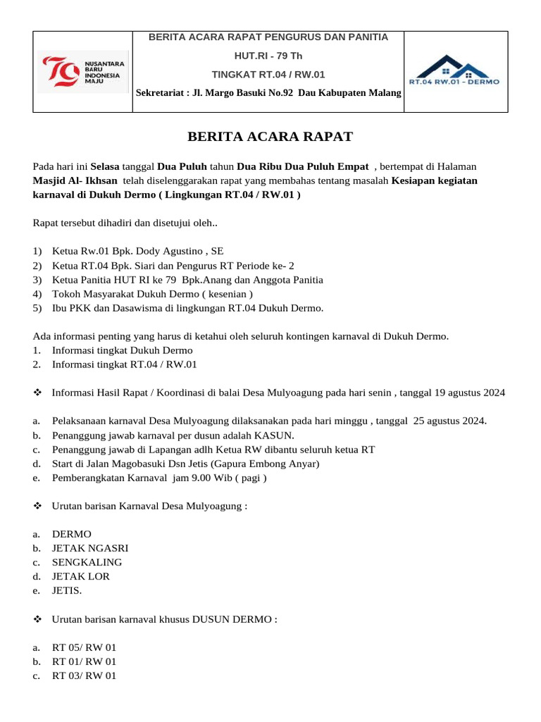 Berita Acara Rapat Pengurus Dan Panitia Rt.04 Kegiatan Karnaval. | PDF