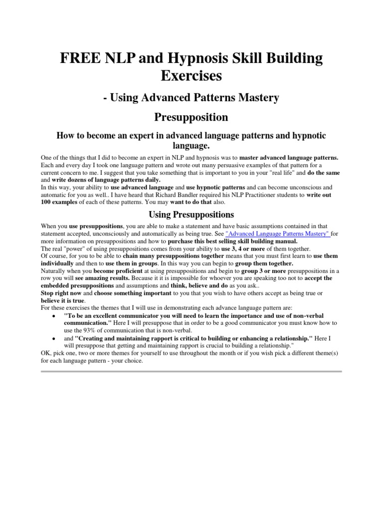 FREE NLP and Hypnosis Skill Building Exercises | PDF | Neuro Linguistic Programming | Sentence ...