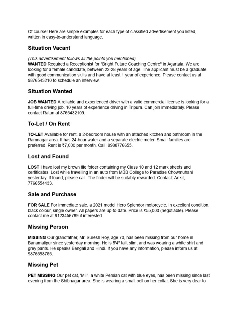 Classified Advertisement Examples for Students | PDF