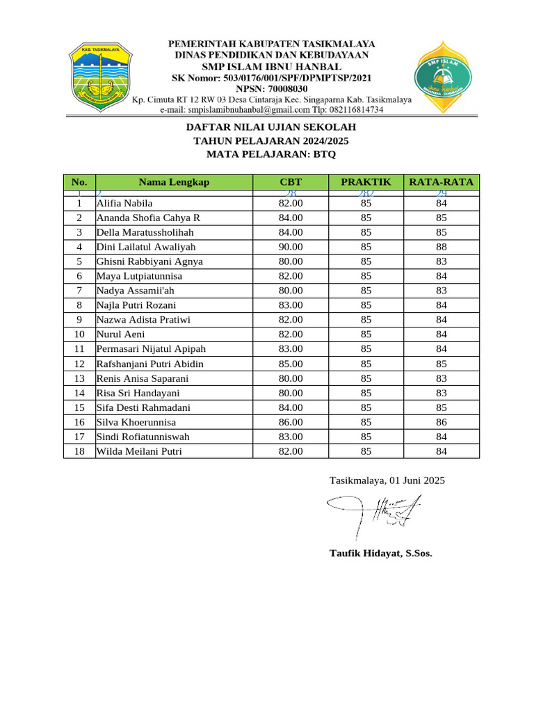 Rekap Nilai Us 9 | PDF