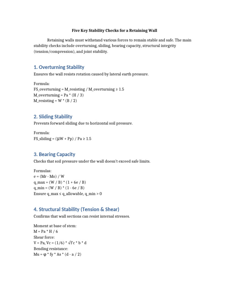 Retaining Wall Stability Checks Explained | PDF