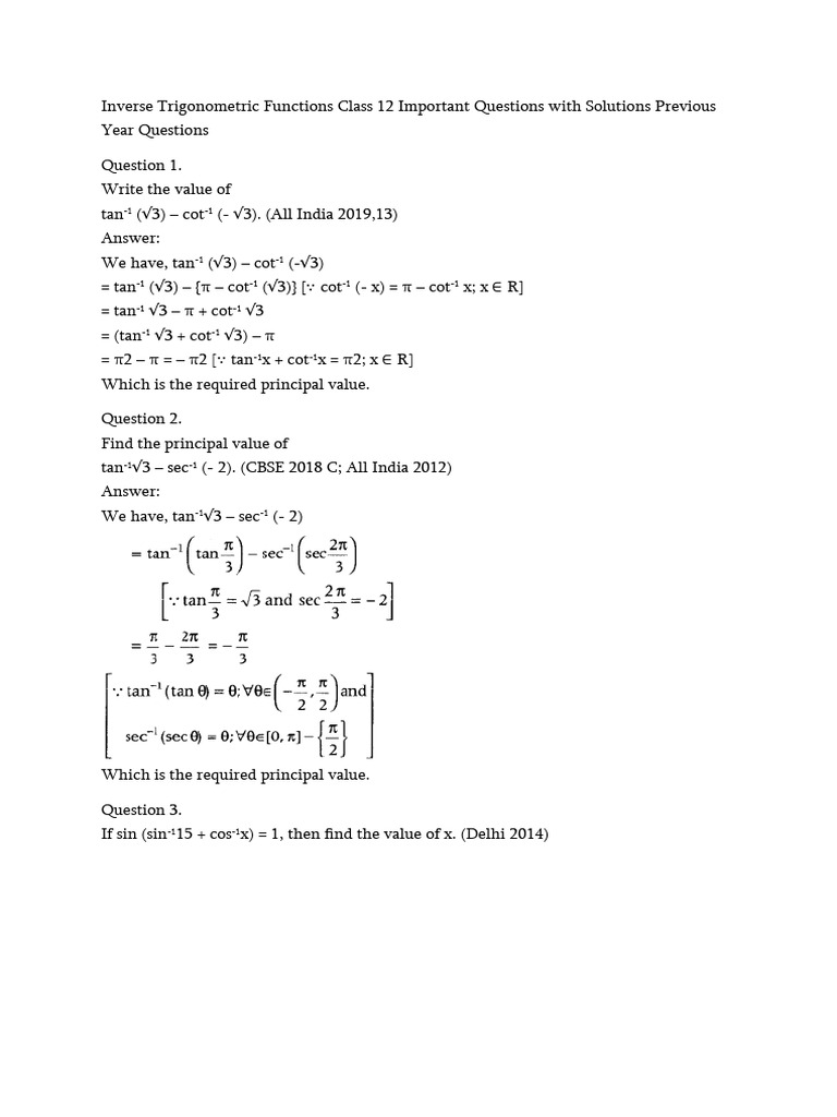 Important Inverse Trigonometry Questions | PDF | Trigonometric ...
