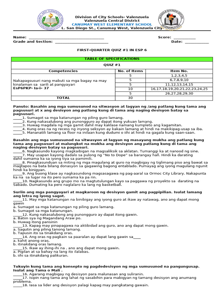 Q1-Quiz #1 Araling Panlipunan Lagumang Pagsusulit | PDF