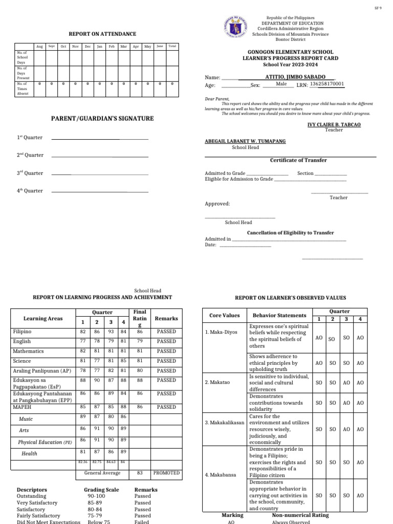 SF9 (School Report Card) S.Y. 2023-2024 | PDF | Learning | Value (Ethics)