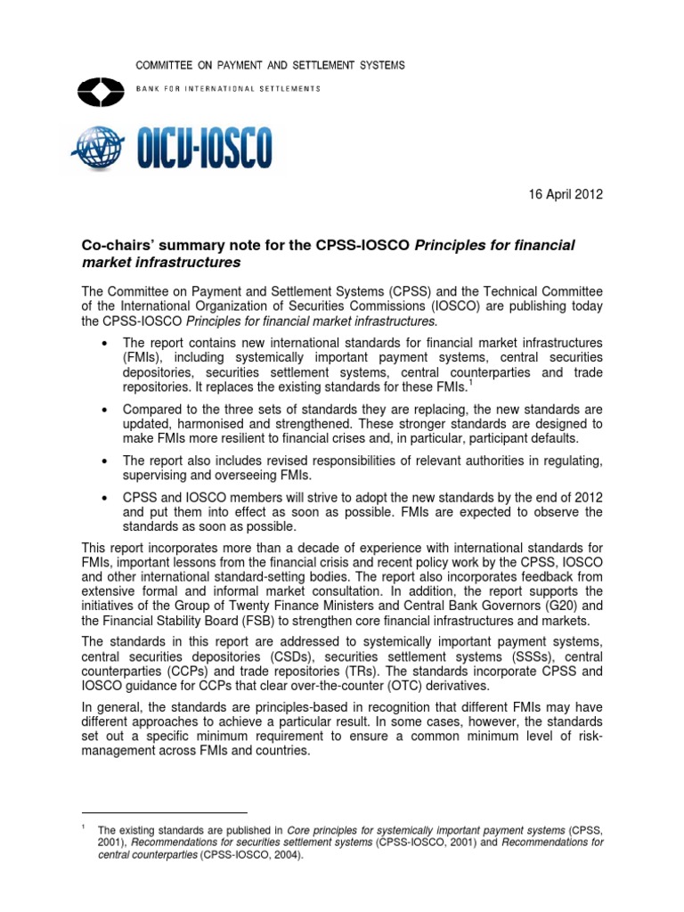 Co-Chairs' Summary Note For The CPSS-IOSCO Principles For Financial ...