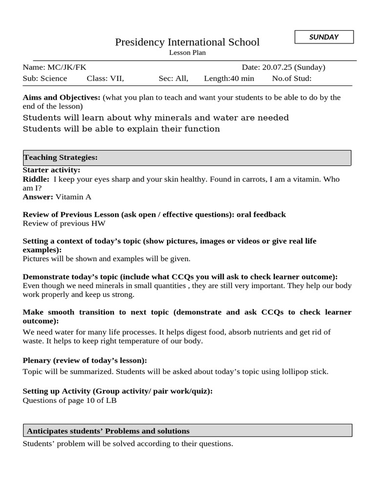 Lesson Plan VII July Third Week - Copy | PDF | Lesson Plan | Learning