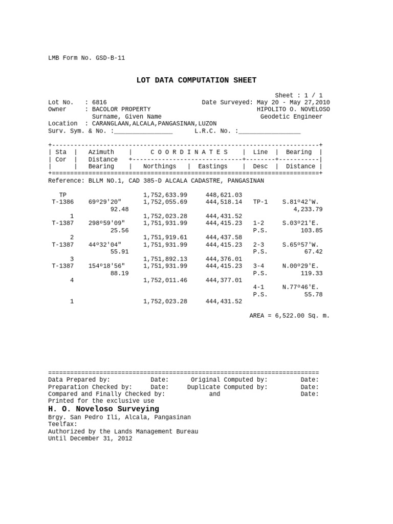 Lot Data Computation Sheets - Pangasinan | PDF | Surveying | Land Use