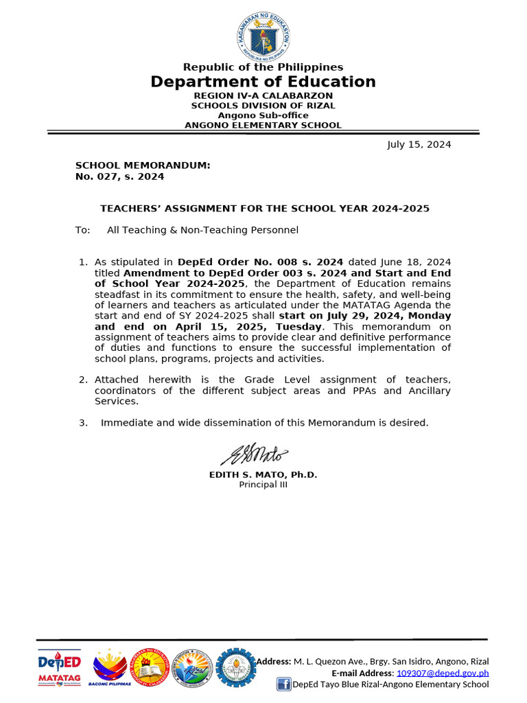 Angono Elementary School Teacher Assignments | PDF | Public ...