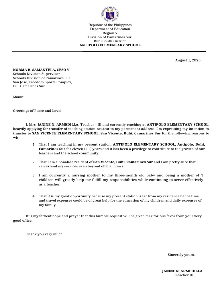 Letter of Intent To Transfer Janine | PDF