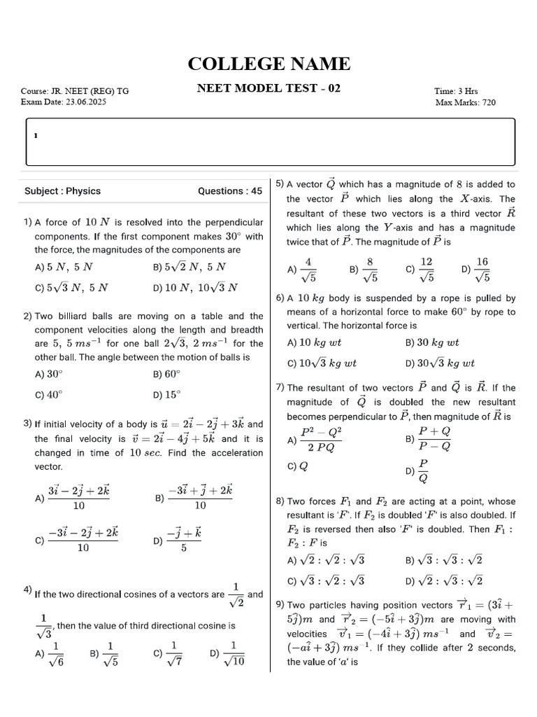 Jr. (Regular) Neet Model Test-02 QP (23.06.2025) TG | PDF