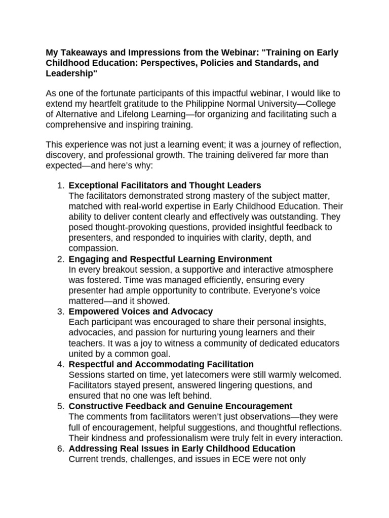 My Takeaways and Impressions From The Webinar | PDF | Learning | Early ...