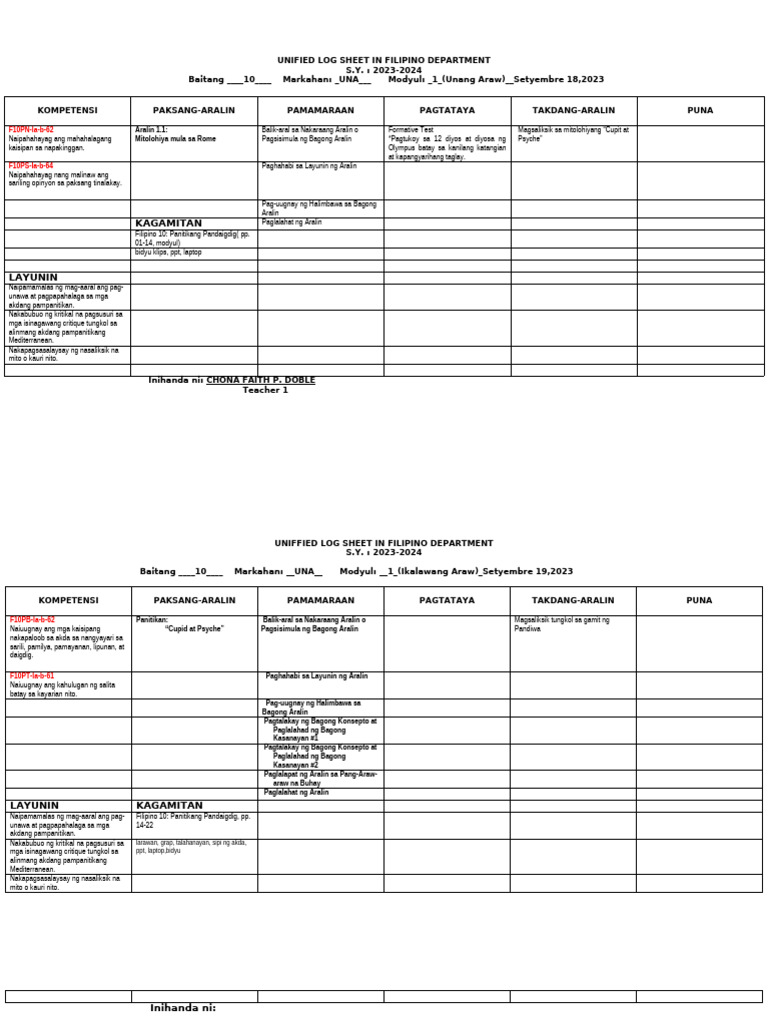 Log Sheet in Filipino Dept. (1st 2nd) | PDF
