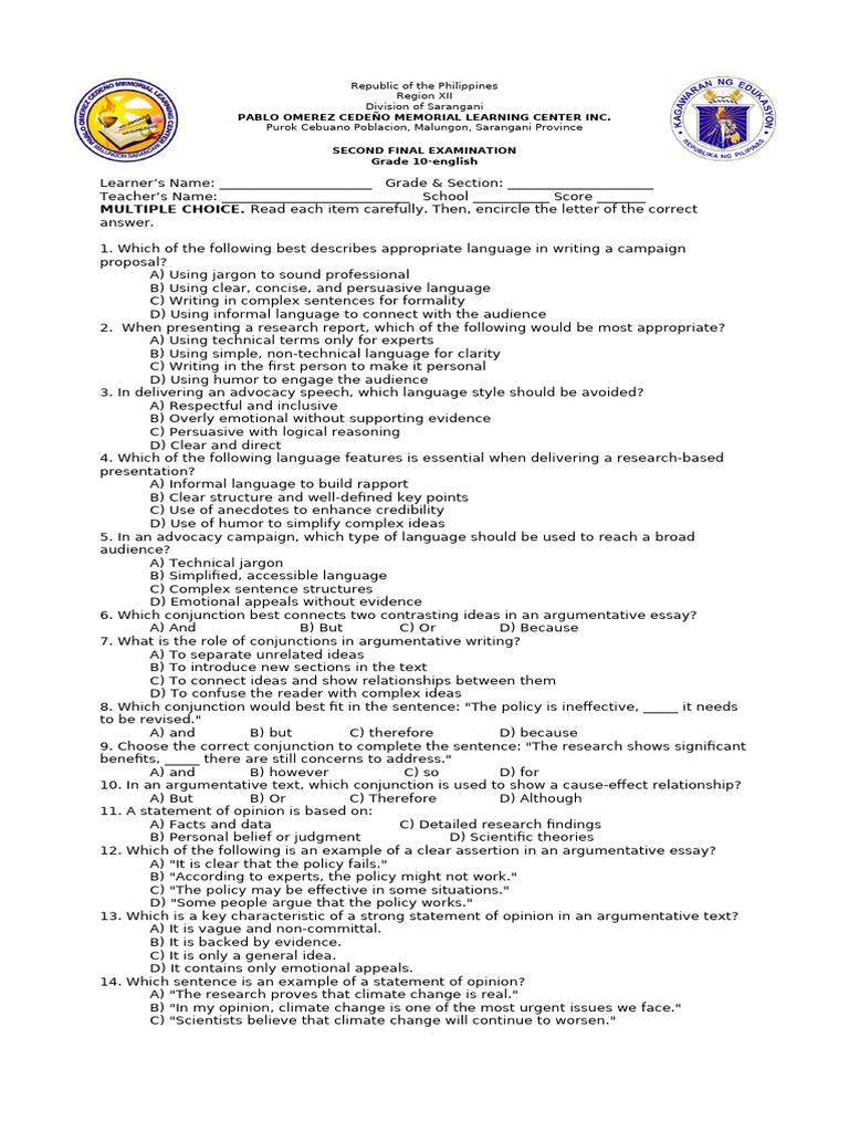 2nd Final Exam-Grade 10 English | PDF | Rhetoric | Evidence