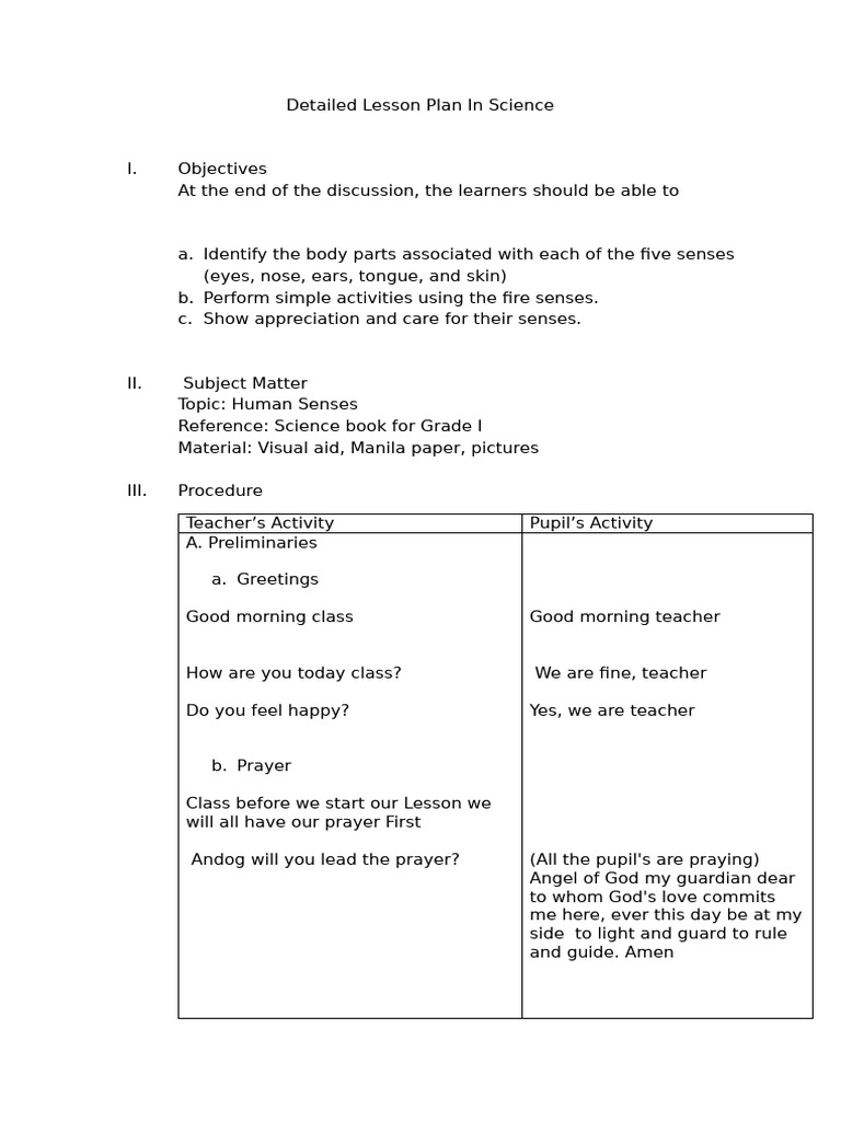 Grade 2 Lesson Plan: Five Senses | PDF | Senses | Taste