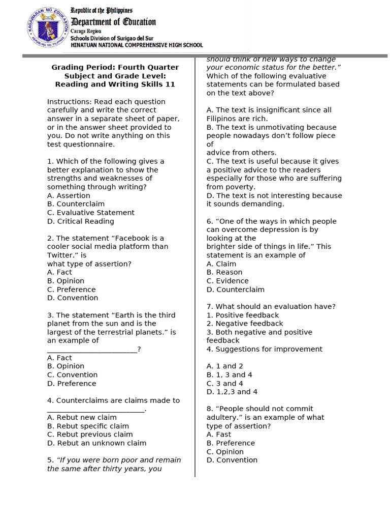 Reading and Writing Skills Test Q4 | PDF | Intertextuality