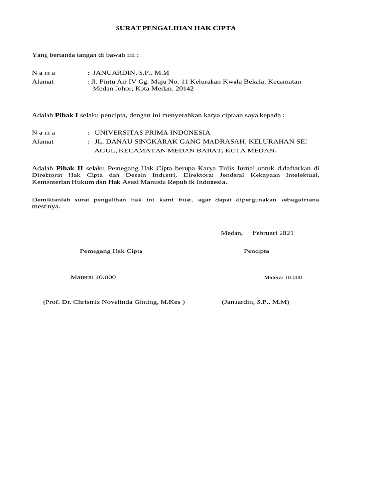 Surat Pengalihan Hak Cipta Karya Tulis | PDF