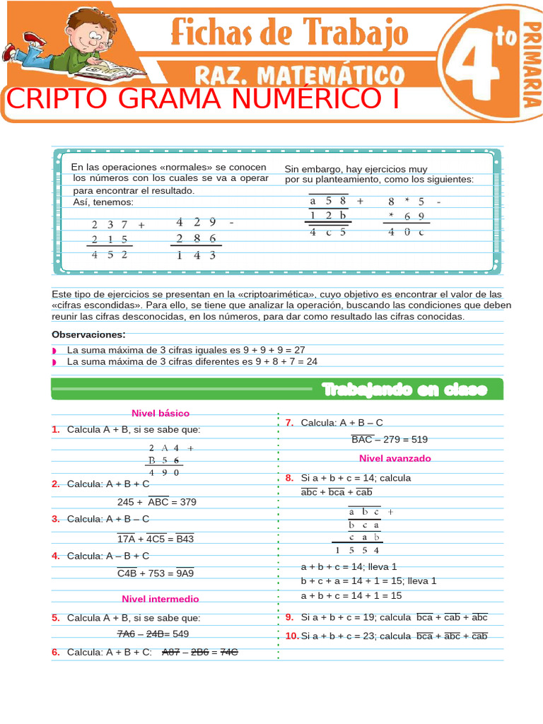 Criptograma Numérico I para Cuarto Grado de Primaria | PDF