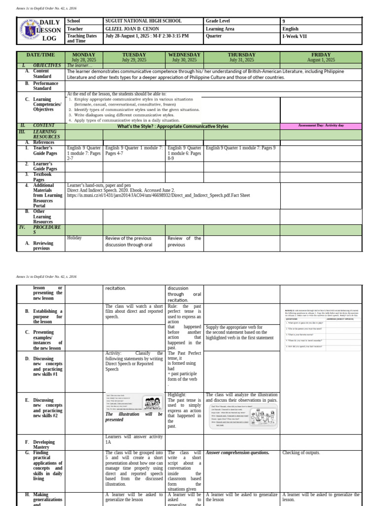 Lesson Plan English 9-q1 Week 3 | PDF | Learning | Verb