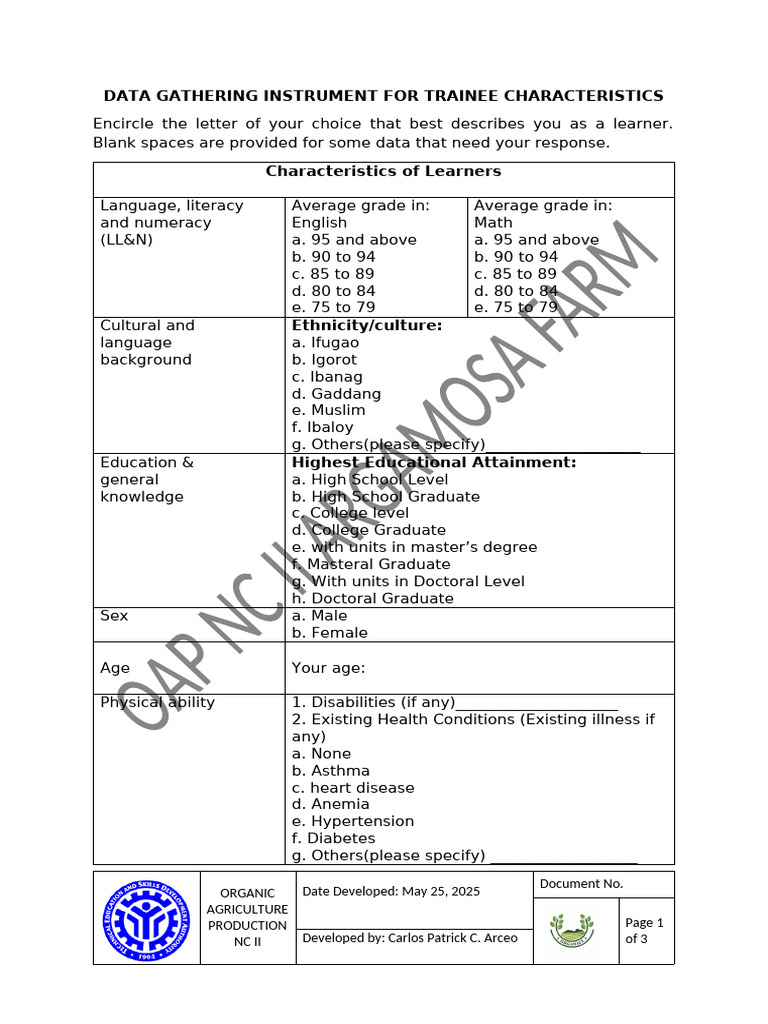 Trainee Characteristics Data Form | PDF | Learning | Learning Styles