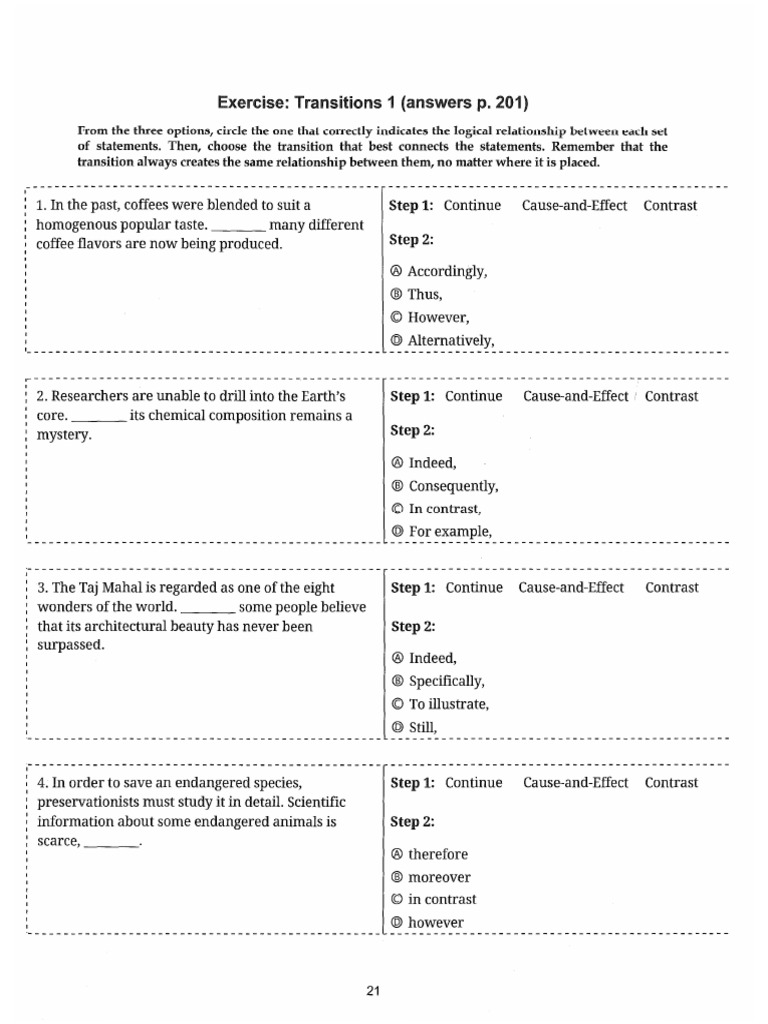 Writing 1. Transitions (Exercises) | PDF