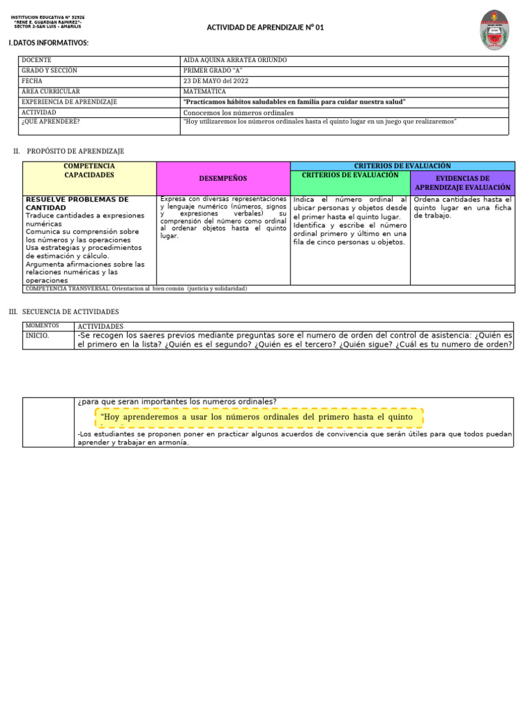 Actividad de Números Ordinales en Clase | PDF | Aprendizaje | Science