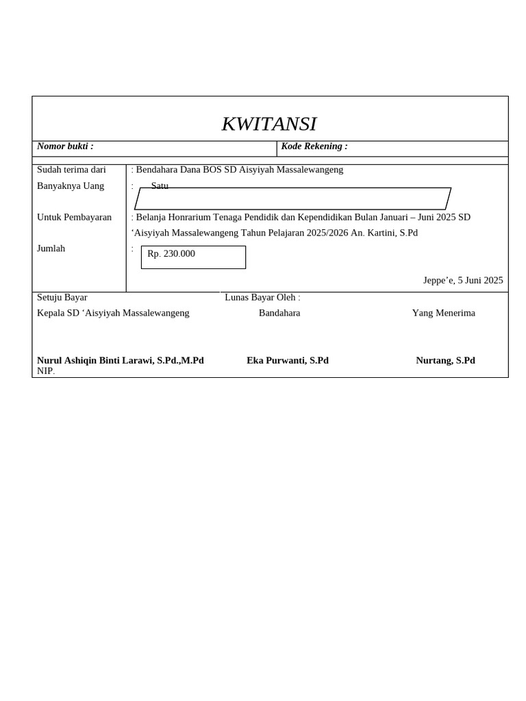 Kwitansi Pembayaran Honor Proktor | PDF