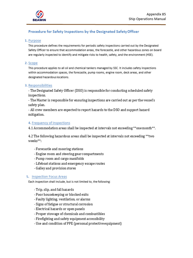 Appendix 85 Designated Safety Officer Inspection Procedure22 | PDF | Safety | Personal ...