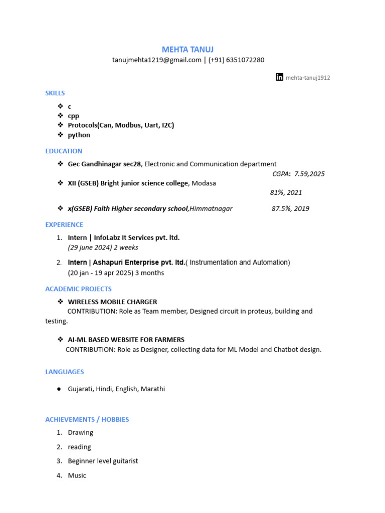 Tanuj Mehta's Resume: Skills & Experience | PDF