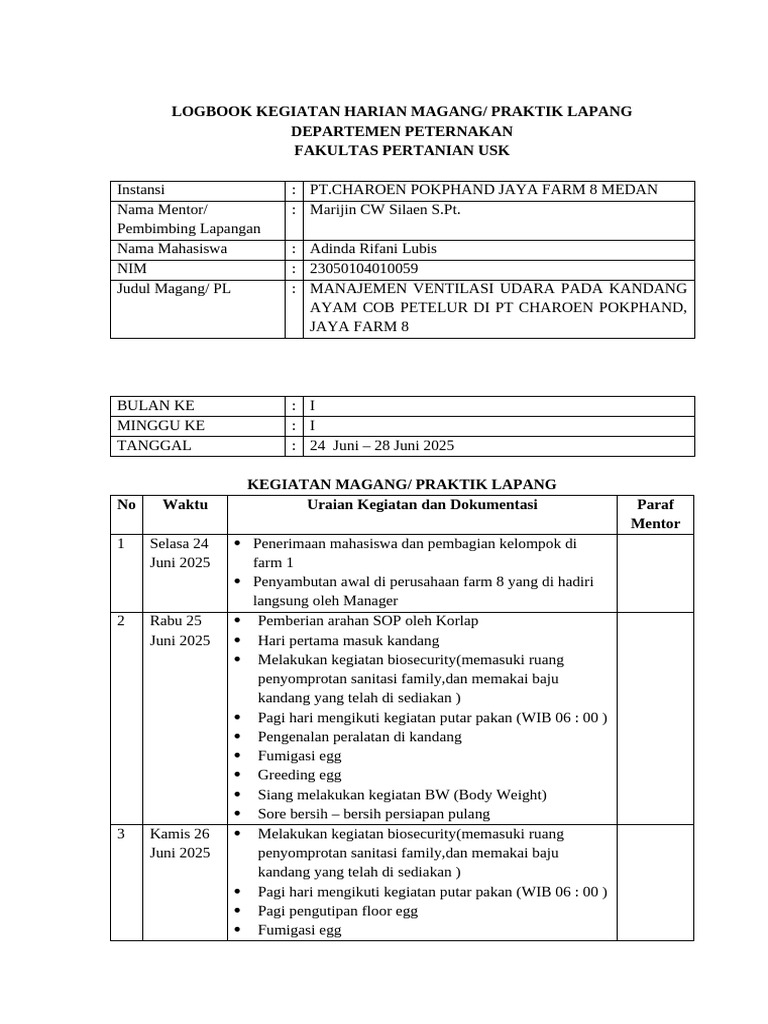 Format Logbook Harian Magang Dinda | PDF