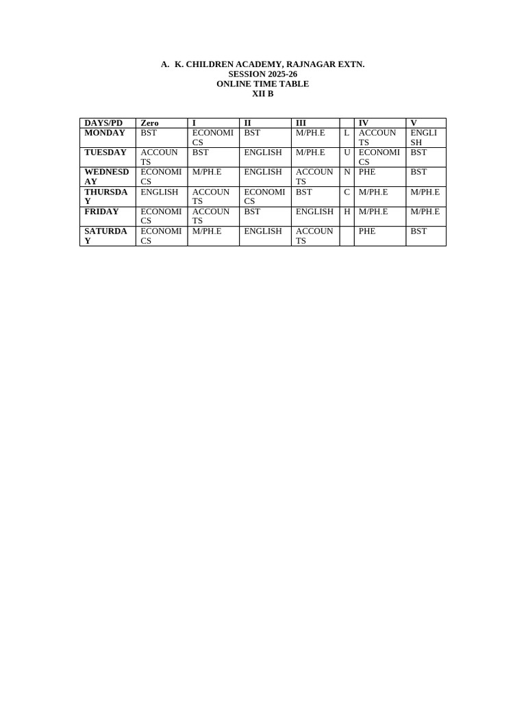 Online Timetable Class Xii B 25-26 | PDF