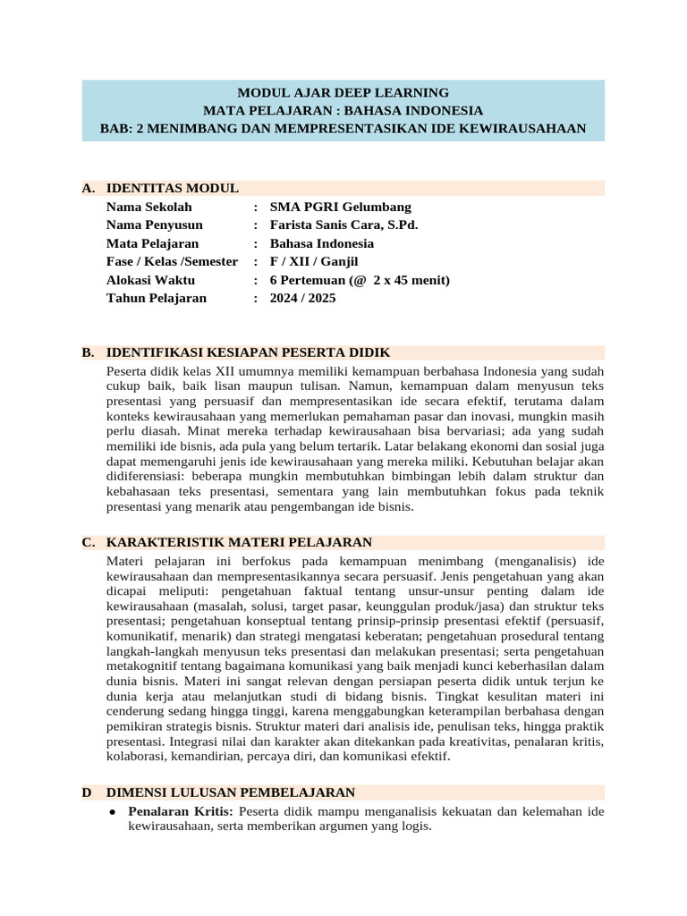 Modul Bab 2 Menimbang Dan Mempresentasikan Ide Kewirausahaan | PDF