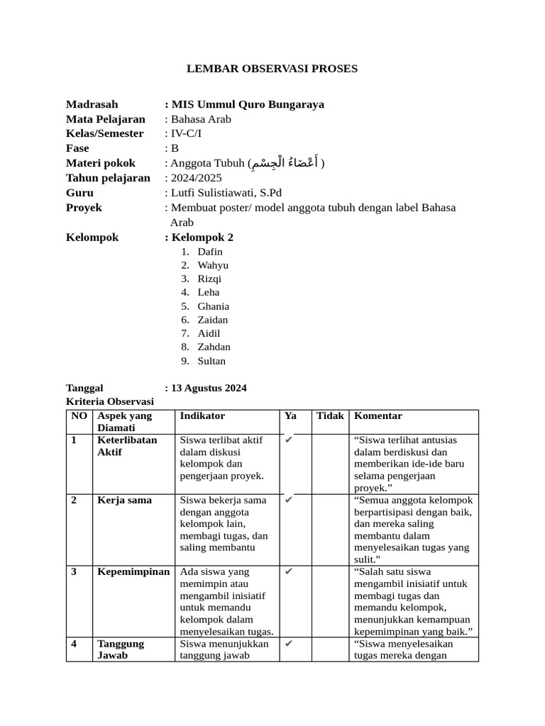 Lembar Observasi Proses 2 | PDF