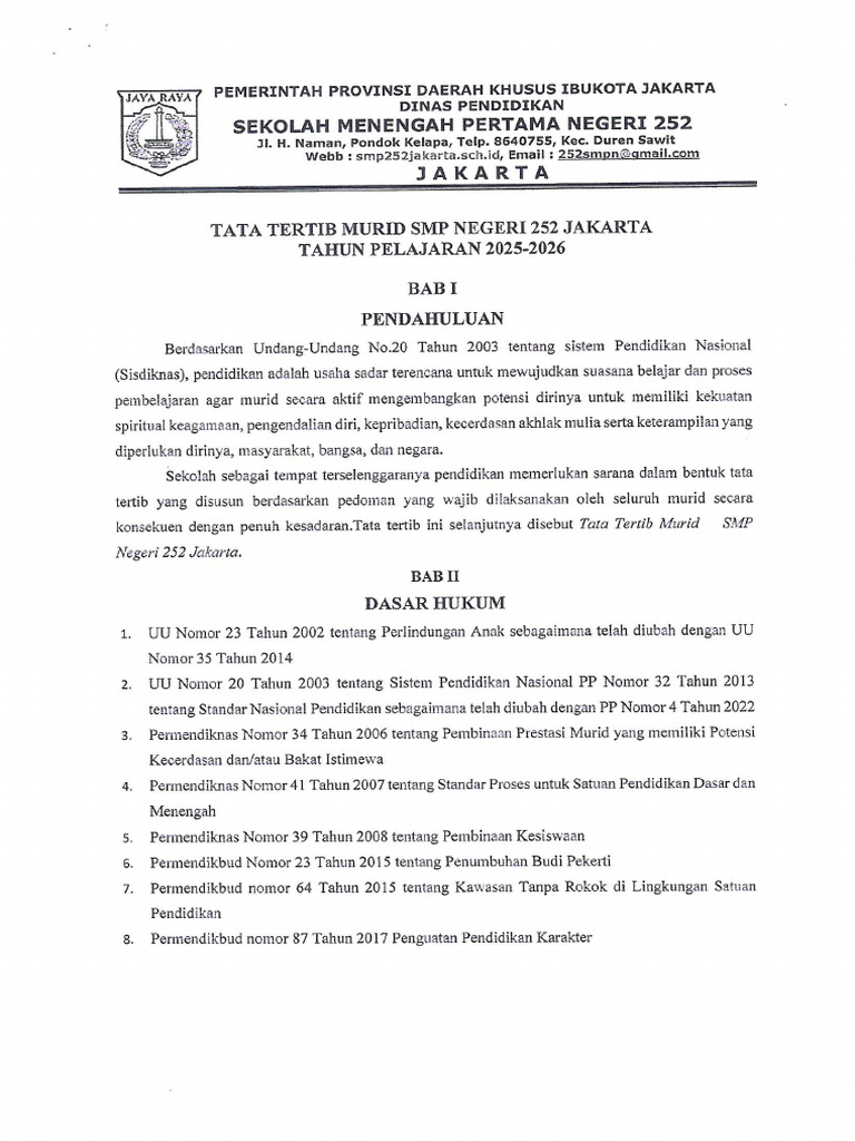 Tata Tertib Murid SMPN 252 Jakarta Tapel 2025-2026 | PDF