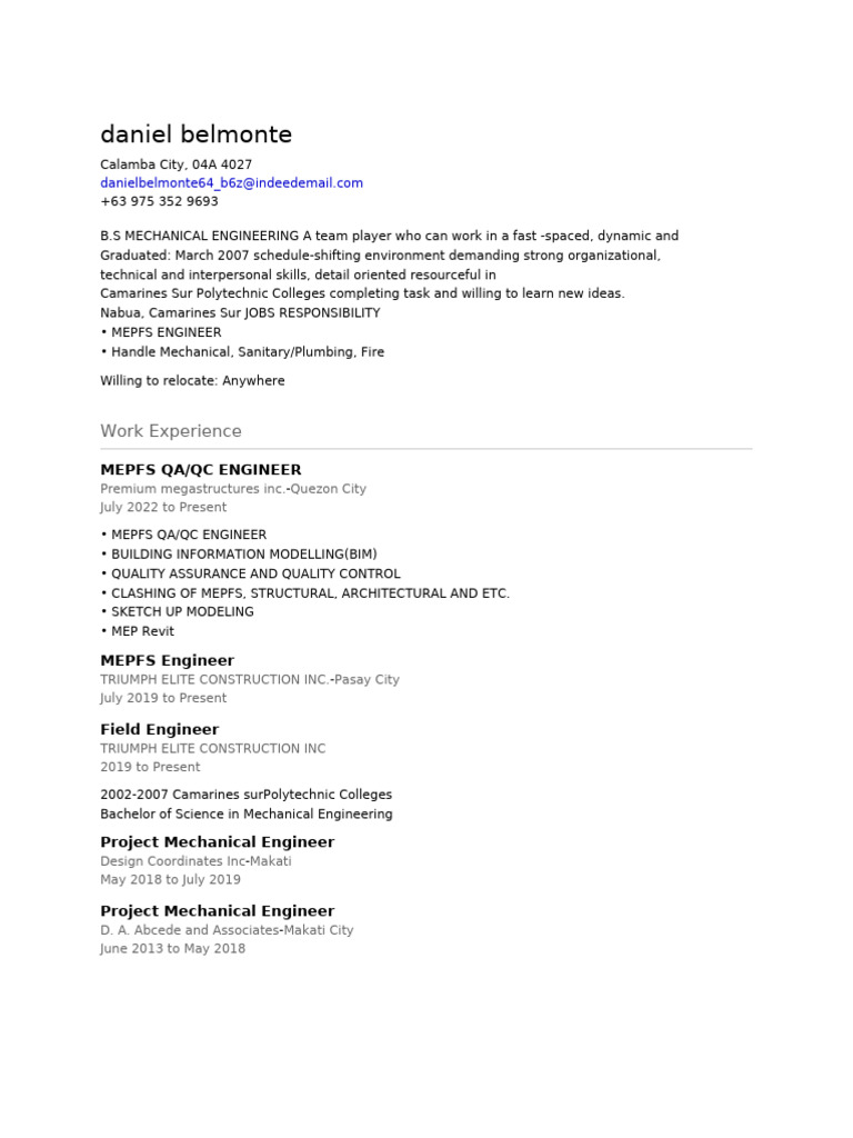 Mechanical Engineer Resume - Daniel Belmonte | PDF