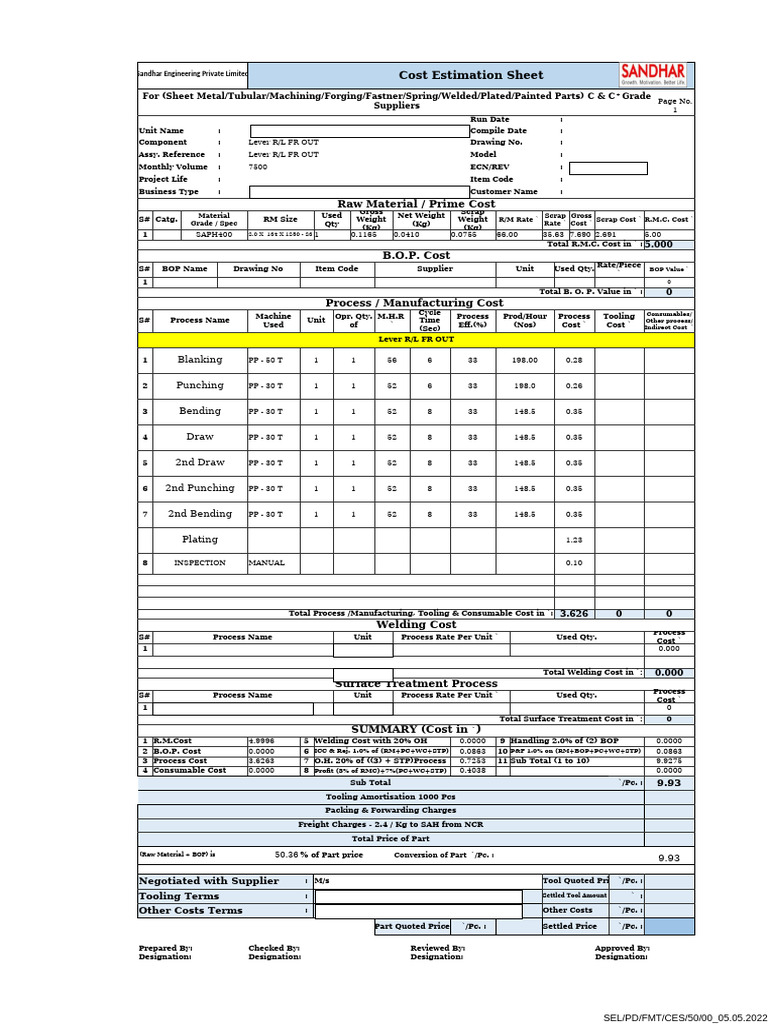 Cost Estimation Sheet for Lever Parts | PDF | Production And ...