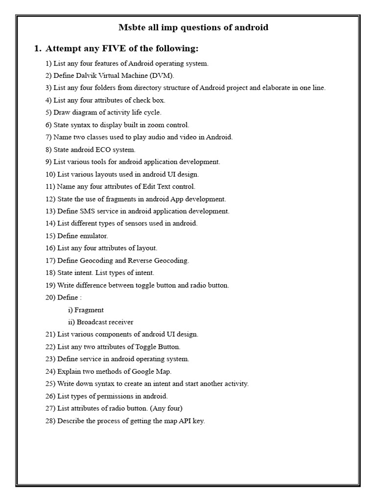 Msbte All Imp Questions of Android | PDF | Android (Operating System) | Java (Programming Language)